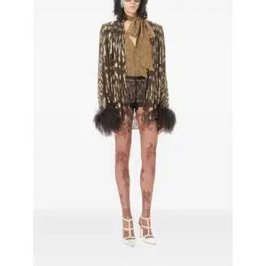 Valentino Garavani Shirt With Feather-trim Cuffs And Metallic Jacquard Finish - Brown