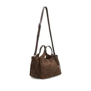 TOD'S Suede Tote Bag With Silver-tone Logo Charm - Brown