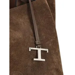 TOD'S Suede Tote Bag With Silver-tone Logo Charm - Brown