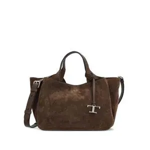 TOD'S Suede Tote Bag With Silver-tone Logo Charm - Brown