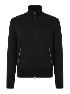 TOM FORD Zip-up Merino Wool Cardigan With Leather Elbow Patches - Black