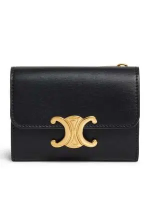 Celine Triomphe Compact Wallet With Coin Purse In Polished Calfskin - Black