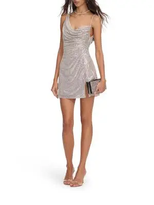SELF-PORTRAIT Silver Rhinestone Draped Mini Dress