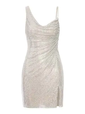 SELF-PORTRAIT Silver Rhinestone Draped Mini Dress - Gold