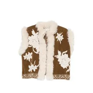 FORTE_FORTE Floral Intarsia Shearling Trim Cropped Waistcoat - Brown