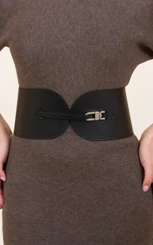 VAINCOURT L'exquise Large Leather Beige Belt - Black