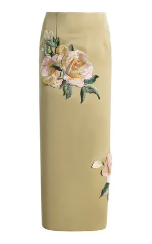 LEO LIN Embroidered Satin Midi Skirt - Green