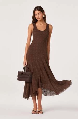 Astr The Label Freida Lace Knit Asymmetric Midi Dress - Brown