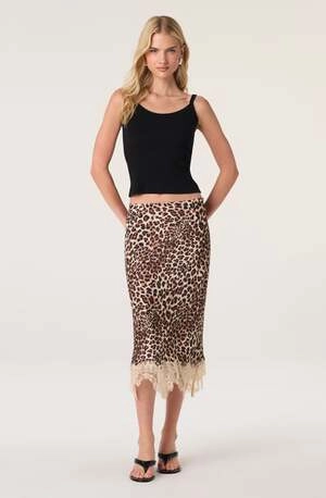 Astr The Label Eilinna Lace Hem Satin Midi Skirt - Leopard Print