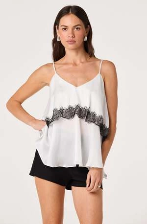 Astr The Label Beara Satin Lace Trim Tank Top - White