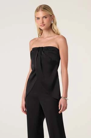 Astr The Label Keona Satin Faux Wrap Strapless Top - Black
