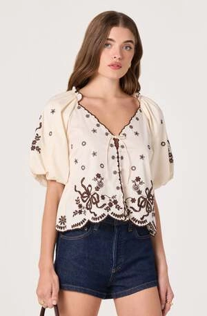 Astr The Label Lucia Embroidered Puff Sleeve Blouse - Cream