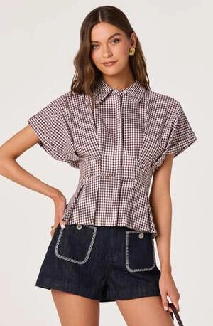 Astr The Label Beck Pleated Button-front Top - Brown Gingham
