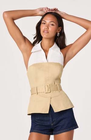 Astr The Label Aleda Belted Collared Halter Top - Khaki