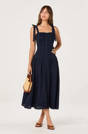 Astr The Label Marie Drop Waist Midi Dress - Navy