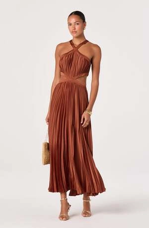 Astr The Label Vera Cutout High-neck Satin Maxi Dress - Rust