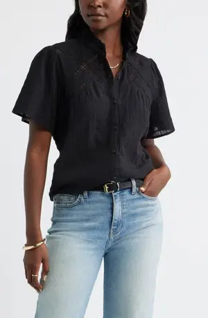 Caslon Caslon Lace Trim Button Front Top Black