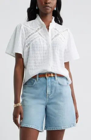 Caslon Lace Trim Button Front Top - White