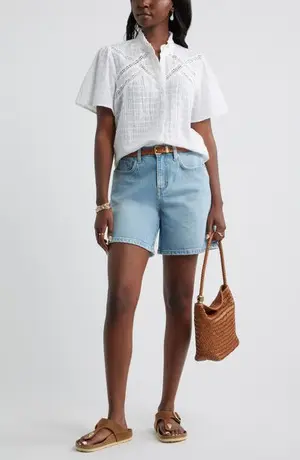 Caslon Lace Trim Button Front Top - White