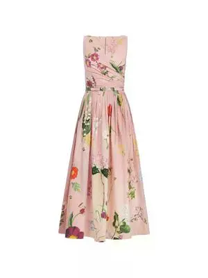 Oscar De La Renta Botanical-print Draped Flared Midi Dress - Pink