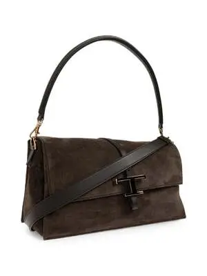 TOD'S Small Suede Timeless Flap Bag With T-detail - Brown