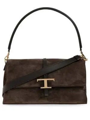 TOD'S Small Suede Timeless Flap Bag With T-detail - Brown