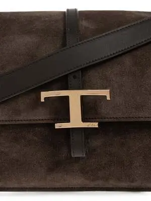 TOD'S Small Suede Timeless Flap Bag With T-detail - Brown