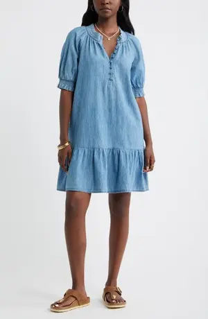 Caslon Chambray Puff Sleeve Shift Dress - Medium Wash