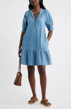 Caslon Chambray Puff Sleeve Shift Dress