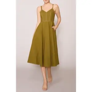 MELLODAY Contrast Stitched Poplin Midi Dress - Olive