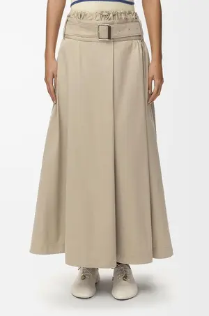 Loewe Pleated Midi Skirt With Engraved Logo Belt Buckle - Light Brown