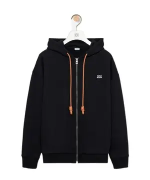 Loewe Zip-up Hoodie With Leather Drawstring Hood - Black
