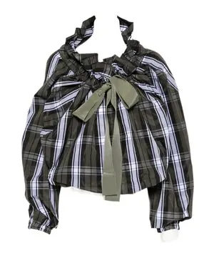 PATOU High Neck Lantern Sleeve Bow Detail Top - Black