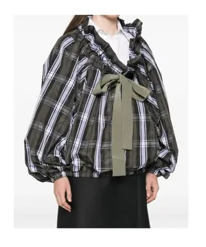 PATOU High Neck Lantern Sleeve Bow Detail Top - Black