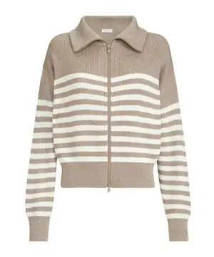 Brunello Cucinelli Sparkling Cotton Striped English Rib Cardigan With Zipper And Monili - Nude