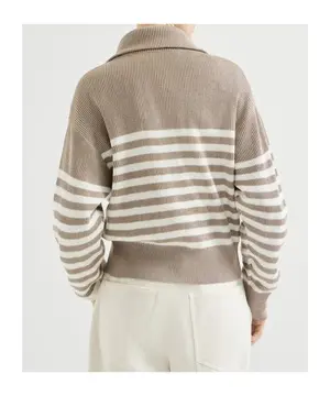 Brunello Cucinelli Sparkling Cotton Striped English Rib Cardigan With Zipper And Monili - Nude