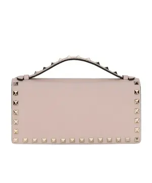 Valentino Garavani Rockstud Wallet With Chain In Grainy Calfskin - Nude