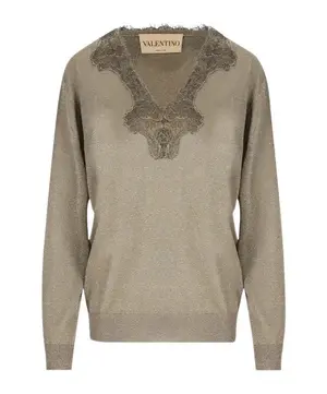 Valentino Garavani V-neck Knit Top With Lace Trim - Nude