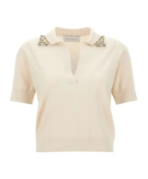KAOS Embellished Collar Knitted Polo Top - White