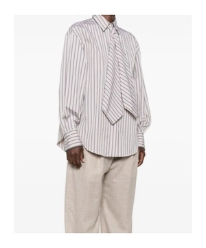 Brunello Cucinelli Striped Shirt With Tie Detail - Beige