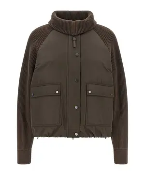 Brunello Cucinelli Cropped Knit-sleeve Down Jacket - Brown