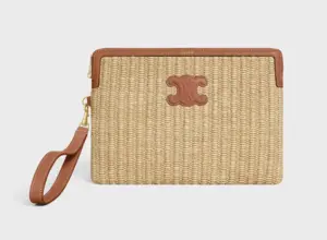 Celine Small Pouch With Strap In Raffia-effect Textile And Calfskin