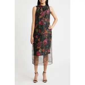 Vince Camuto Floral Print Organza Overlay Midi Dress - Blck Multi