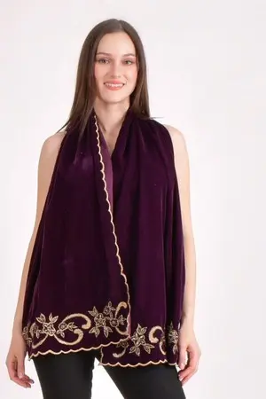 RAAS Cutwork Floral Hand Embroidered Velvet Scarf - Wine