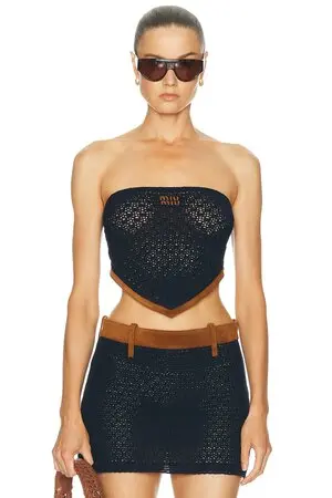 Miu Miu Cotton Crochet Bandana Top With Calfskin Trim - Bleu