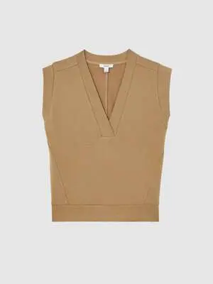 REISS Willa Sleeveless V-neck Sweat Top - Tan Neutral