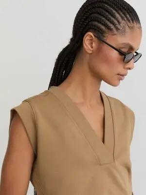 REISS Willa Sleeveless V-neck Sweat Top - Tan Neutral