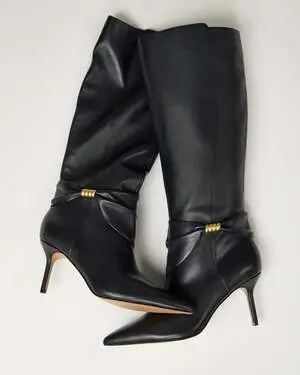 Vince Camuto Meezo Knee High Stiletto Boots With Hardware Accent - Black Leather