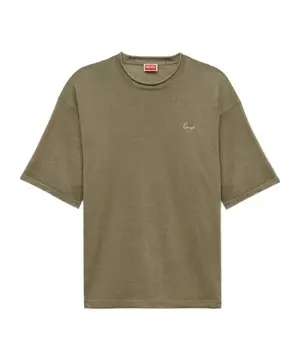 Kenzo Signature' Embroidered Light T-shirt In Linen Cotton - Khaki