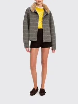 TWINSET Wool Blend Plaid Coat With Faux Fur Collar